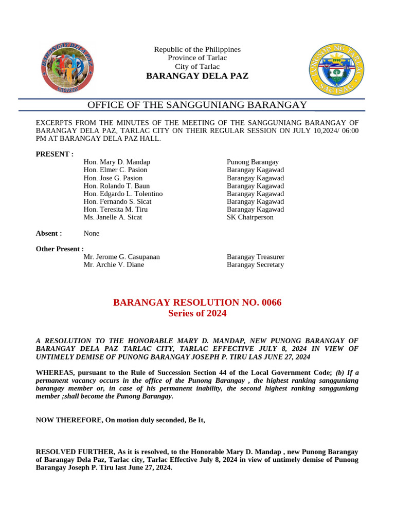 2024-0026 Resolution For The Punong Barangay Mary Mandap | PDF ...