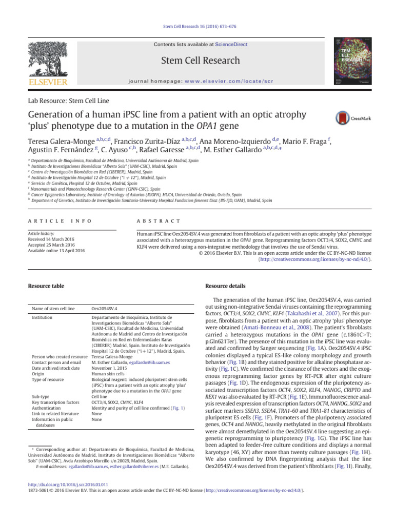 Human iPSC Line Oex2054SV.4 for Optic Atrophy | PDF | Cell Potency ...