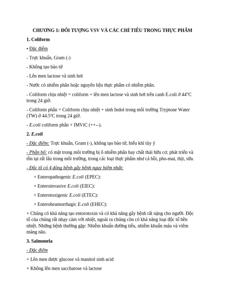 Đối Tượng Vsv Và Các Chỉ Tiêu Trong Thực Phẩm | PDF