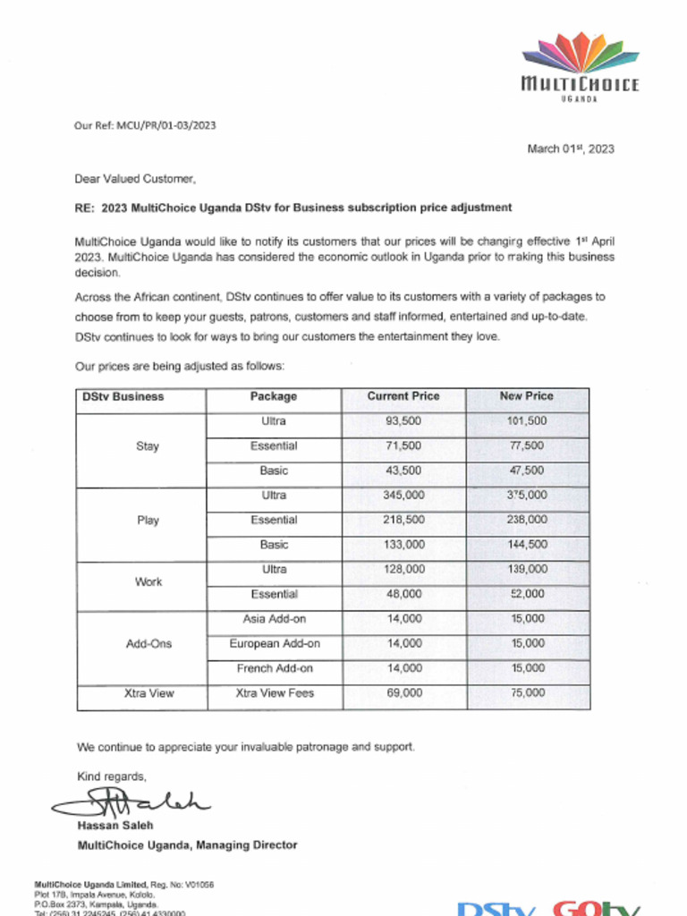 MultiChoice Uganda Subscription Price Adjustment 2023 | PDF