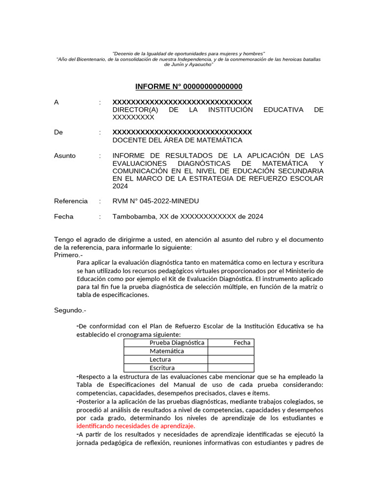 Formato para Informe Resultados de La Evaluación Diagnóstica | PDF