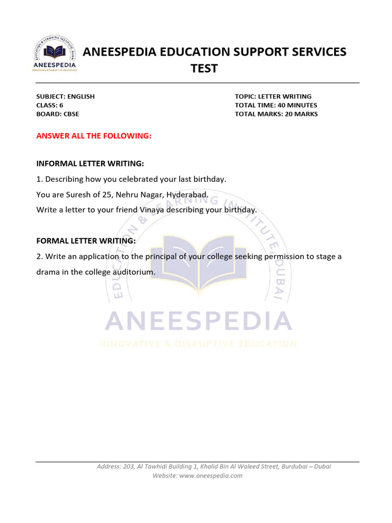 6 Cbse - English Test - Letter Writing | PDF