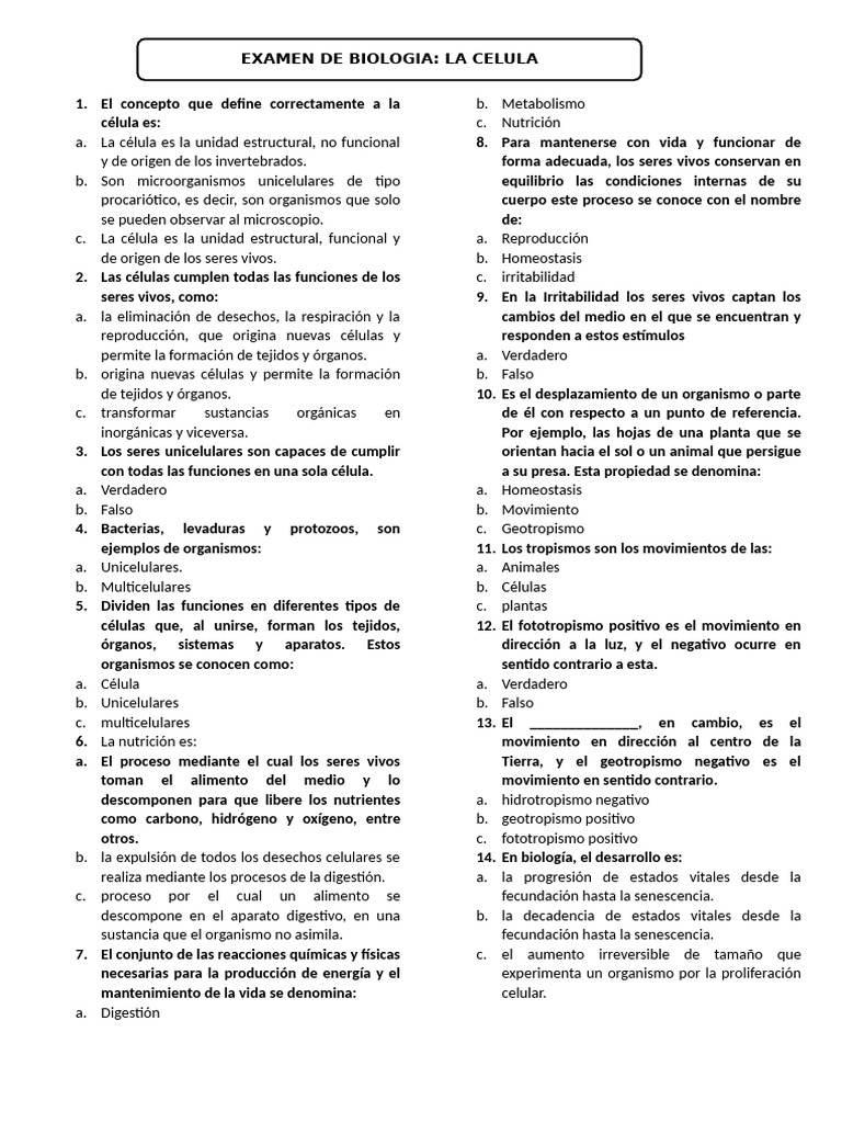 Examen Sobre La Celula | PDF