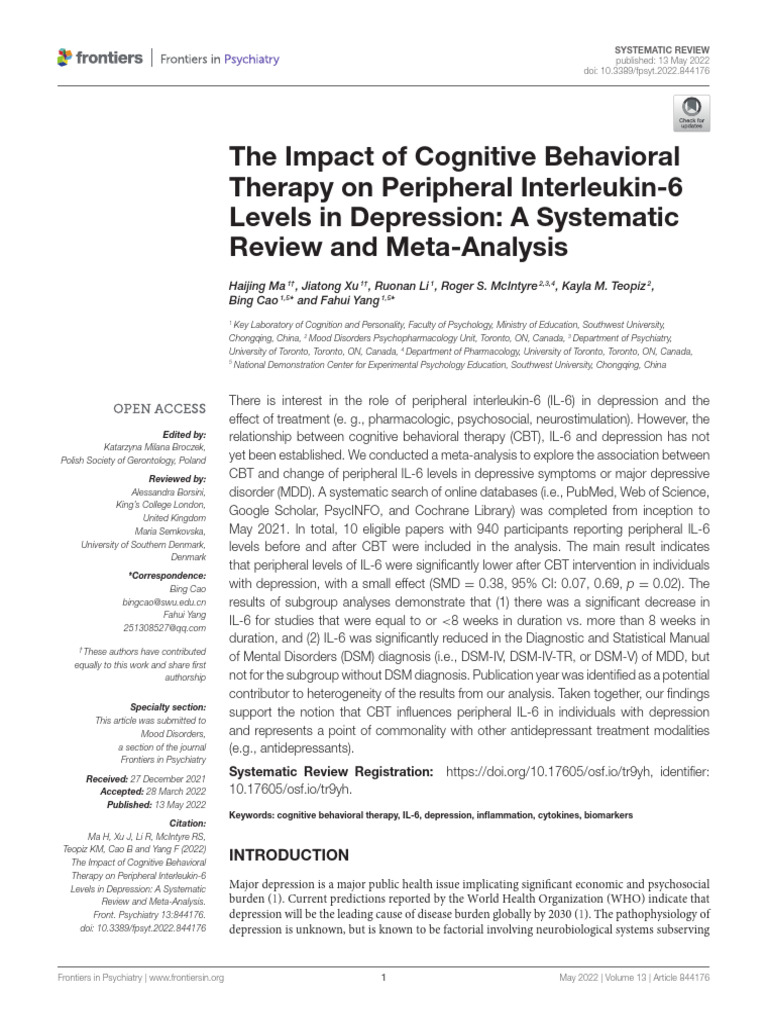 The Impact of Cognitive Behavioral Therapy On Peripheral Interleukin-6 ...