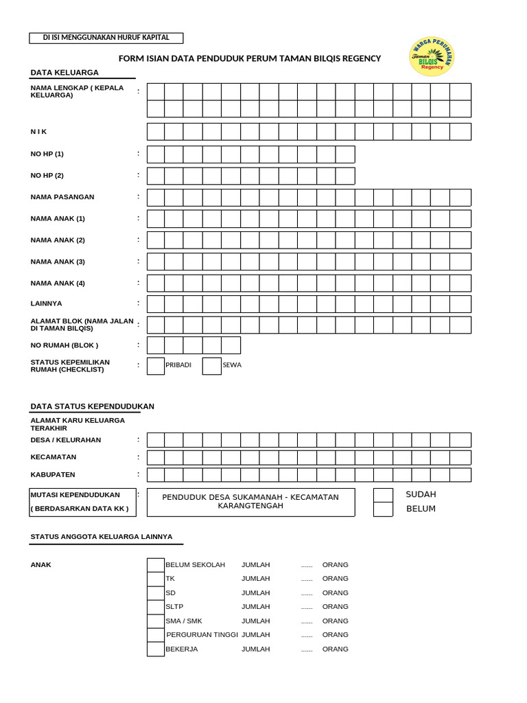 Form Data Penduduk Bilqis Per Juni 2021 | PDF
