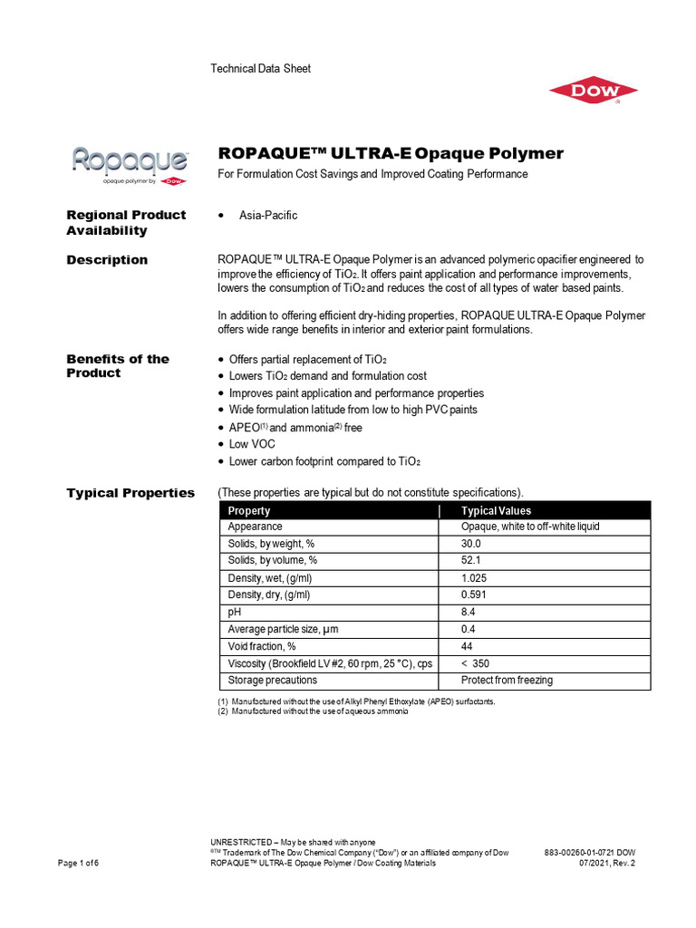 883 00260 01 Ropaque Ultrae Opaque Polymer Tds | PDF