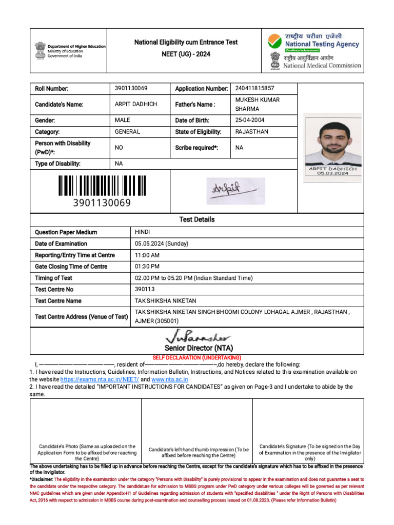 Neet - Ntaonline.in Frontend Web Admitcard Index | PDF
