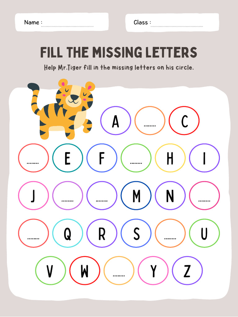 Colorful Fill in Missing Alphabet Letters Worksheet | PDF