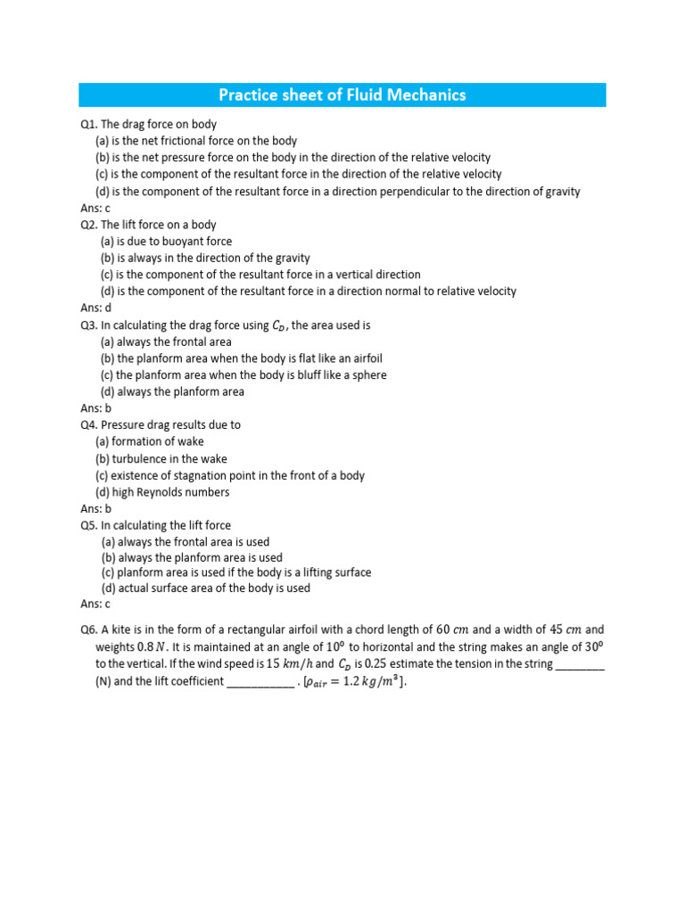 Practice Sheet of Fluid Mechanics | PDF