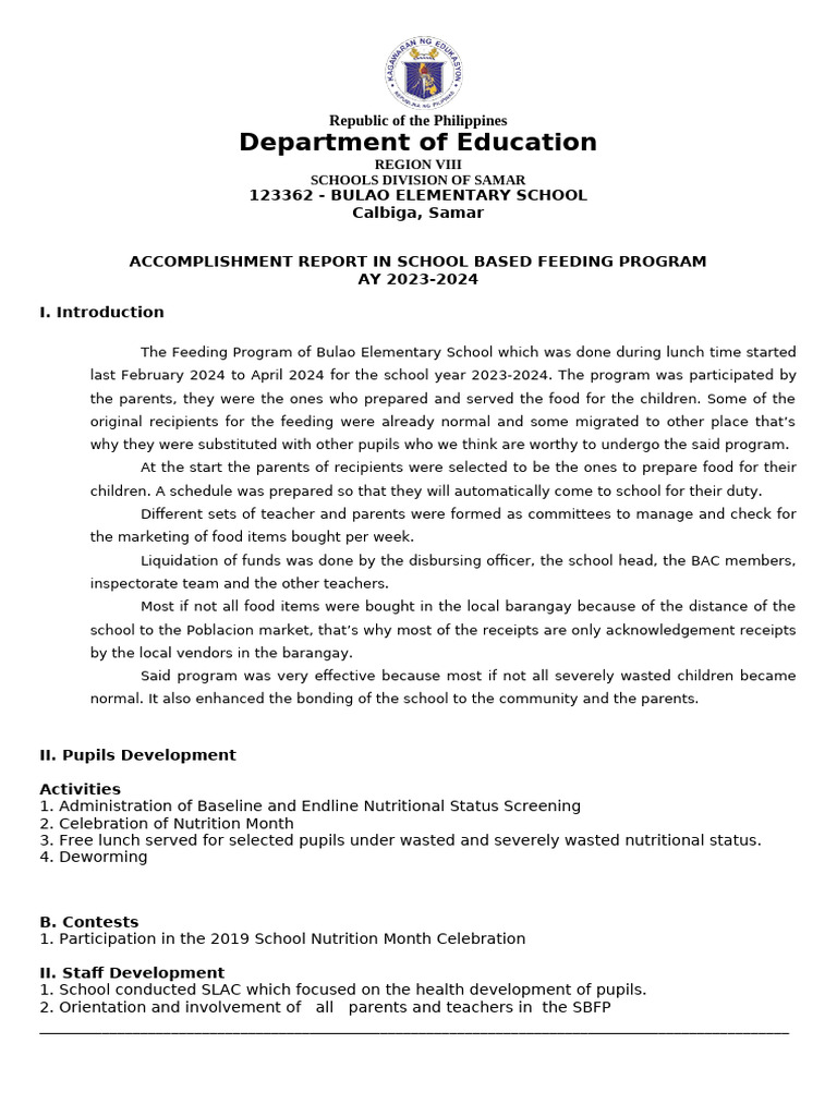 Aves Accomplishment Report in School Based Feeding Program | PDF
