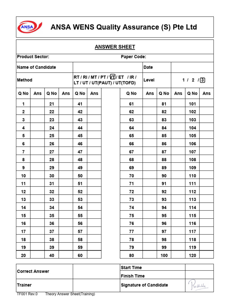 VT L3 - PART E - TF001-Rev 0 Theory Answer Sheet (Training) | PDF