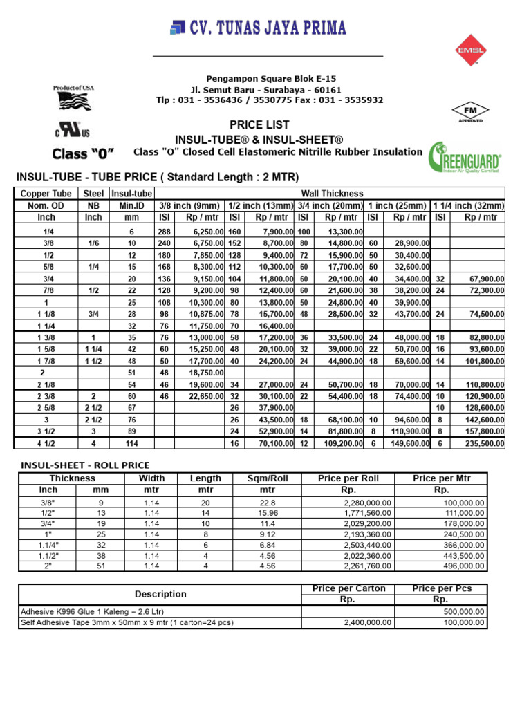 Price List Insultube TJP Publishrev1 | PDF