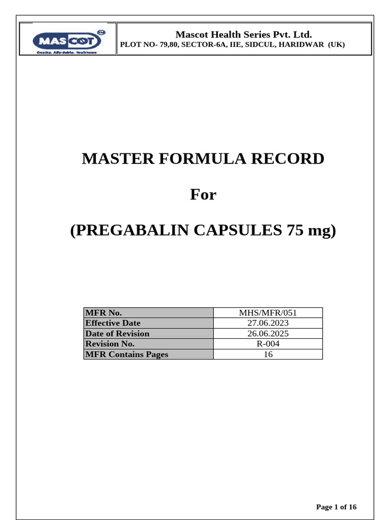 MFR of Pregabalin Capsules 75 MG | PDF