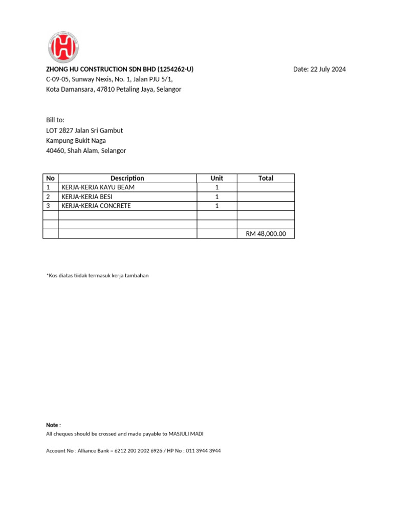 Zhong Hu Construction SDN BHD | PDF