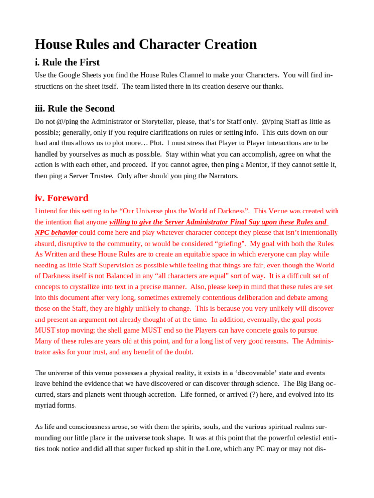 House Rules and Character Creation | PDF