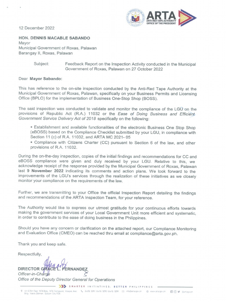 Official Inspection Report - LGU Roxas, Palawan (1) | PDF