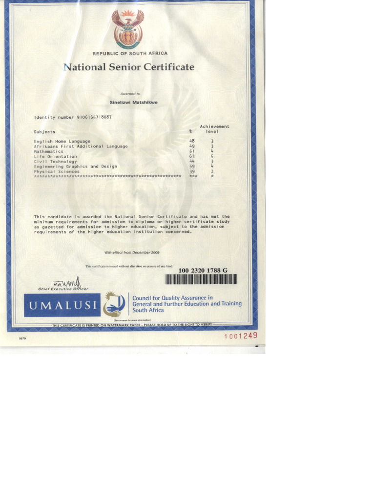 Matric Cert. | PDF
