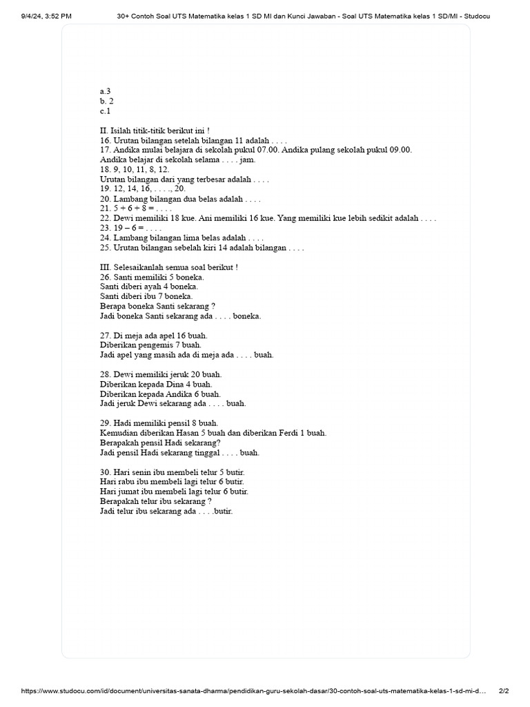 30+ Contoh Soal UTS Matematika Kelas 1 SD MI Dan Kunci Jawaban - Soal UTS Matematika Kelas 1 SD ...