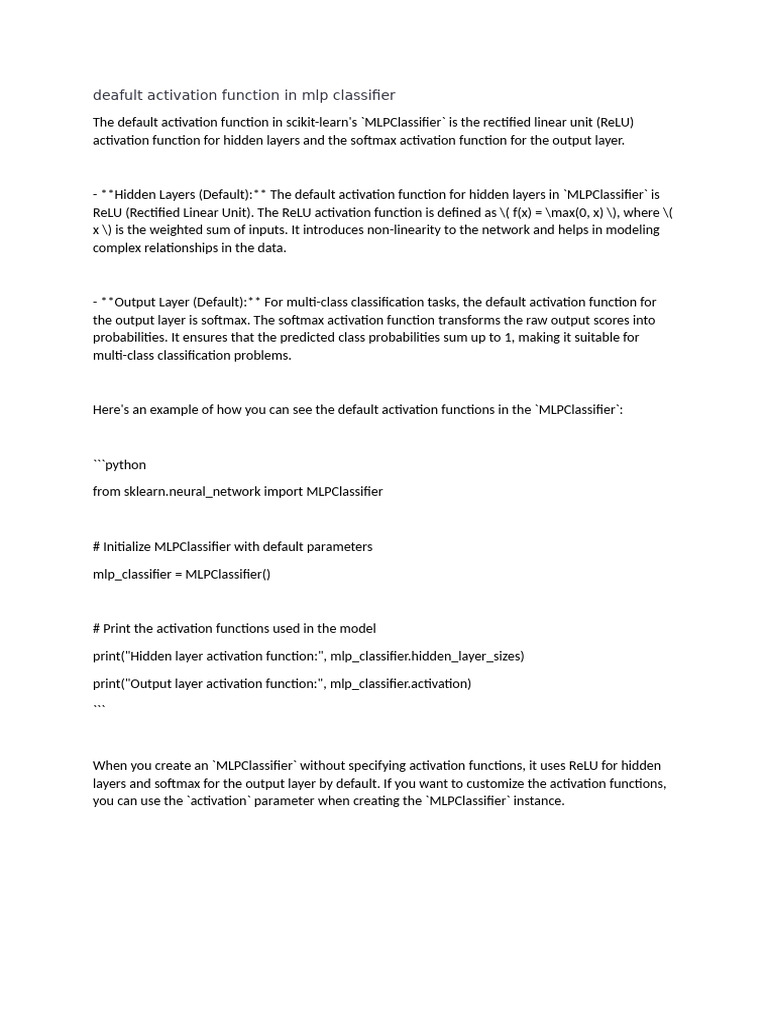 Deafult Activation Function in MLP Classifier | PDF