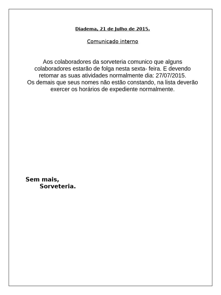 Comunicado Interno: Sem Mais, Sorveteria | PDF