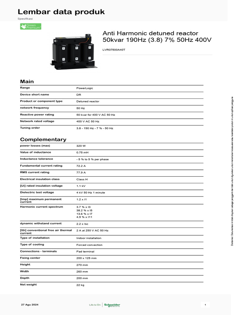 Schneider Electric - PowerLogic-PFC-Detuned-Reactors - LVR07500A40T | PDF