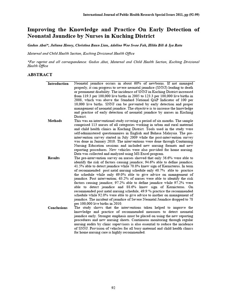 (Abai, 2011) Improving The Knowledge and Practice On Early Detection of Neonatal Jaundice by ...