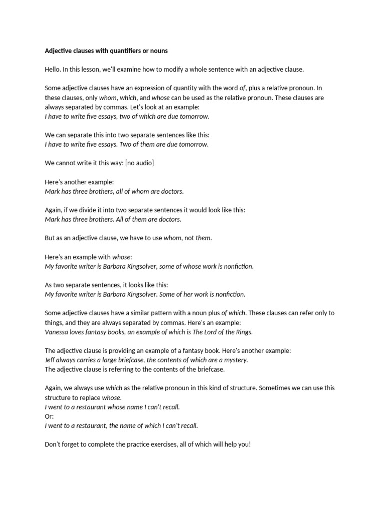 03 Adjective Clauses With Quantifiers or Nouns | PDF