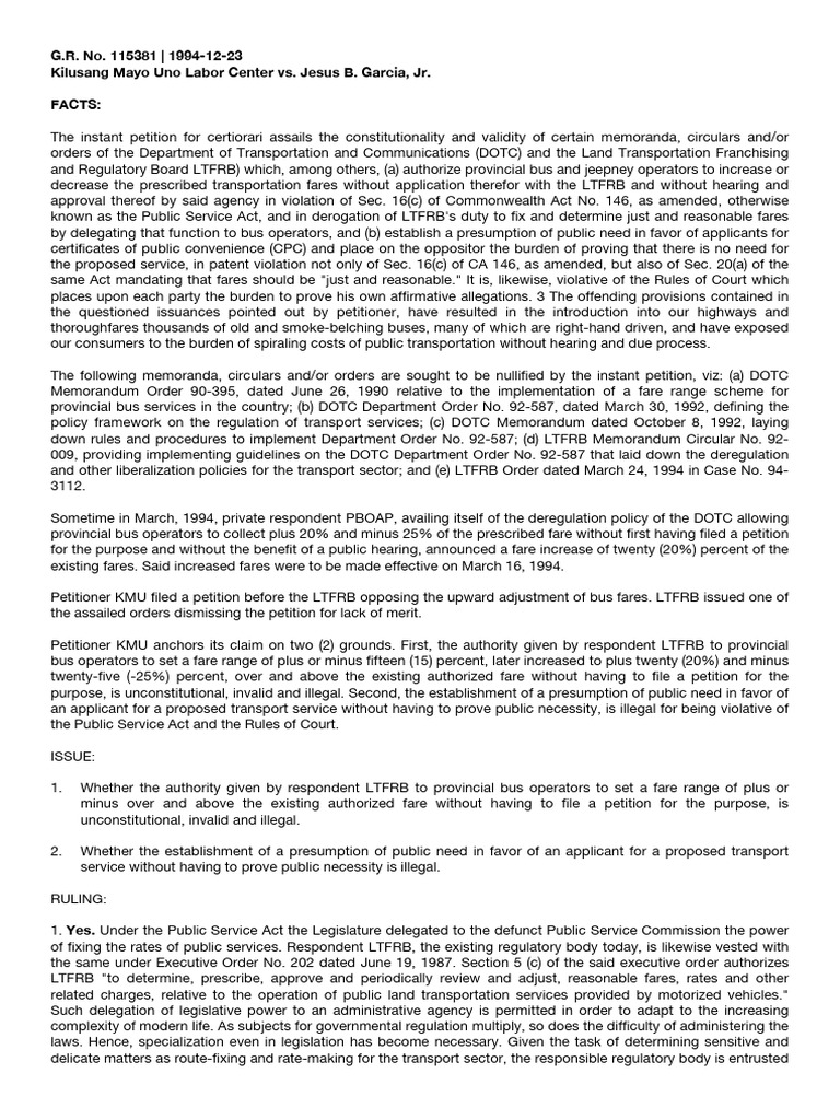 G.R. No. 115381 Kilusang Mayo Uno Labor Center vs. Jesus B. Garcia | PDF