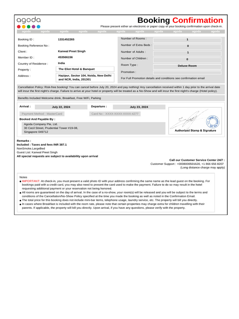 Confirmation_for_Booking_ID_#_1331452265agoda | PDF