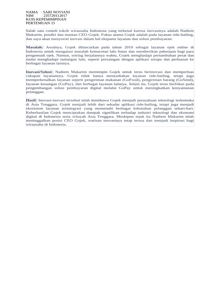 KUIS PERTEMUAN 15 SARI NOVIANI 235720112017 | PDF