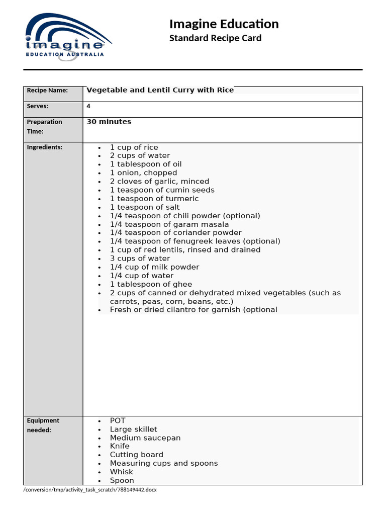 Hindu Diet Recipe Card | PDF