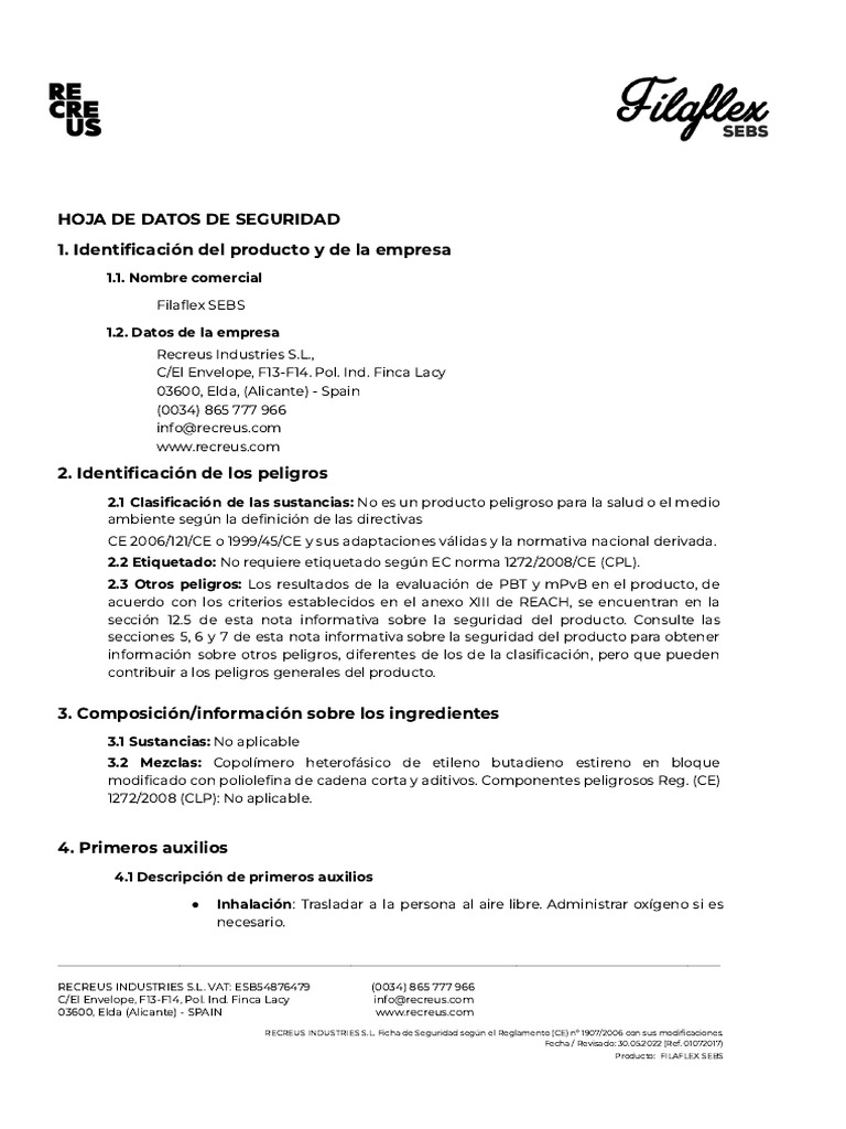 Filaflex Sebs - Ficha de Seguridad - Msds - 2022 | PDF