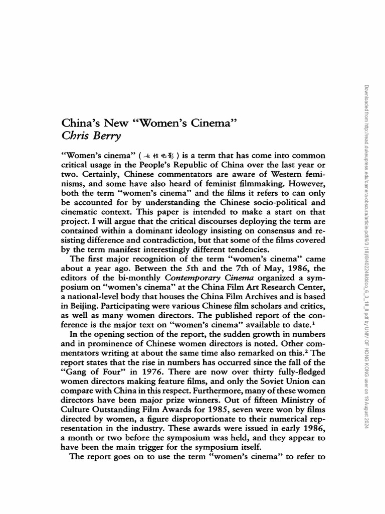 Berry, Chinas New Womens Cinema' | PDF