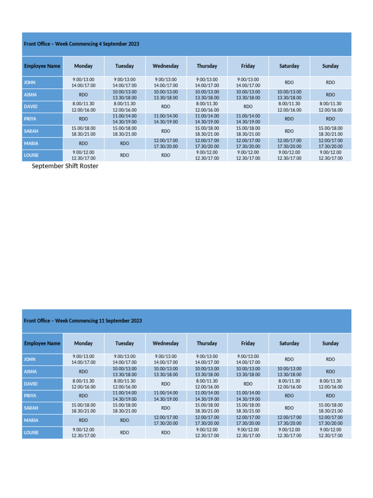 September 2023 Shift Roster | PDF