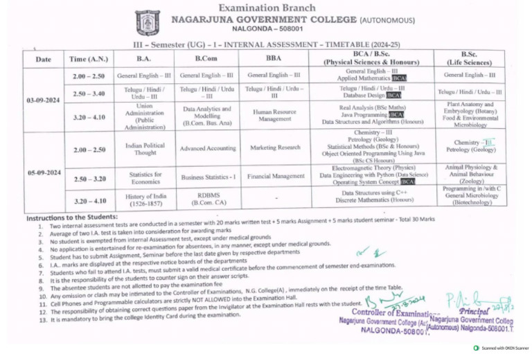 NGC- III & V Sem- I-IA Examination Time Table September 2024 | PDF