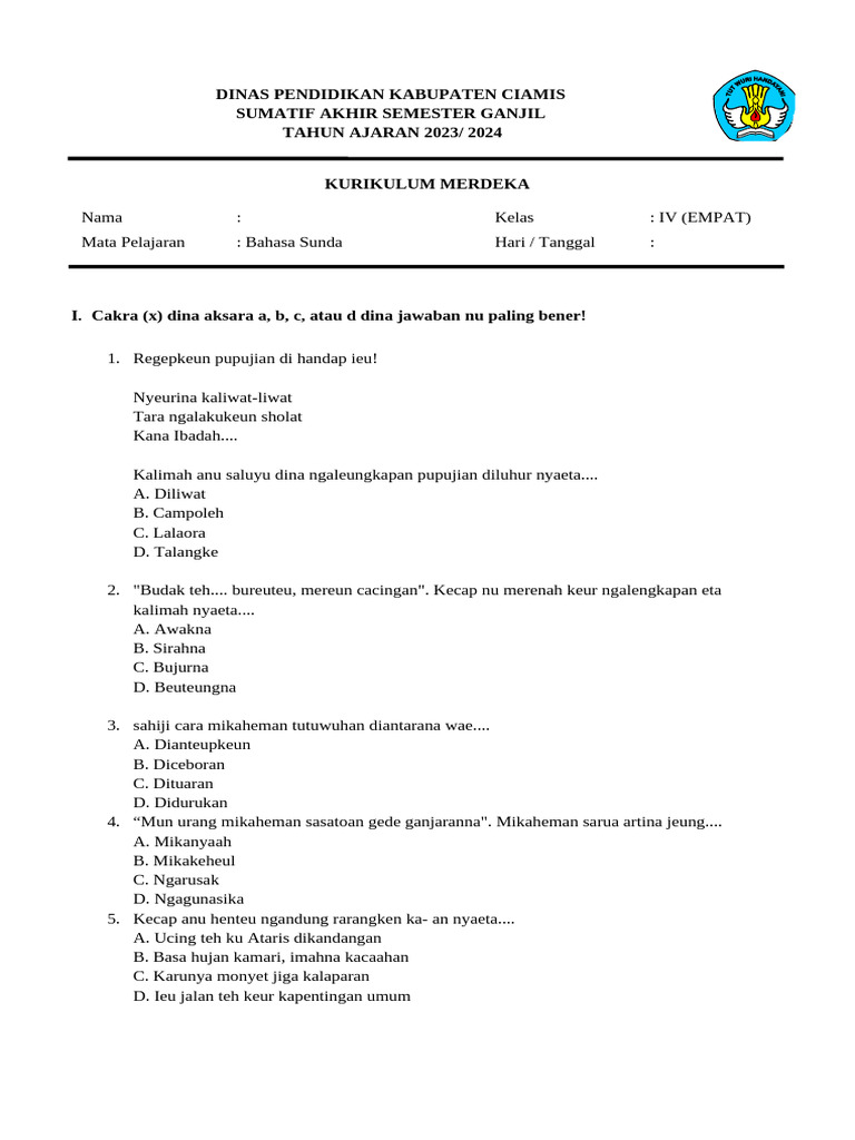 Soal Sumatif PAS MTK Kelas IV Semester 1[1] | PDF