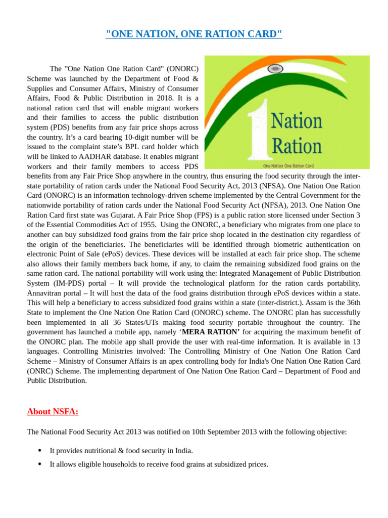 One Nation, One Ration Card | PDF