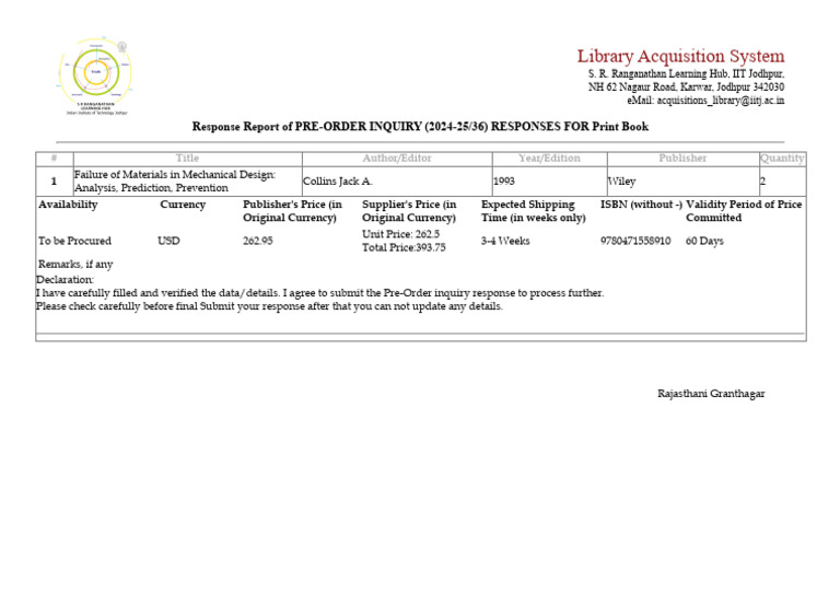 Library Acquisition System: Response Report of PRE-ORDER INQUIRY (2024 ...
