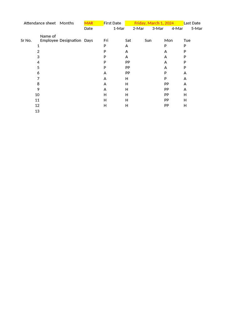 March 2024 Employee Attendance Record | PDF
