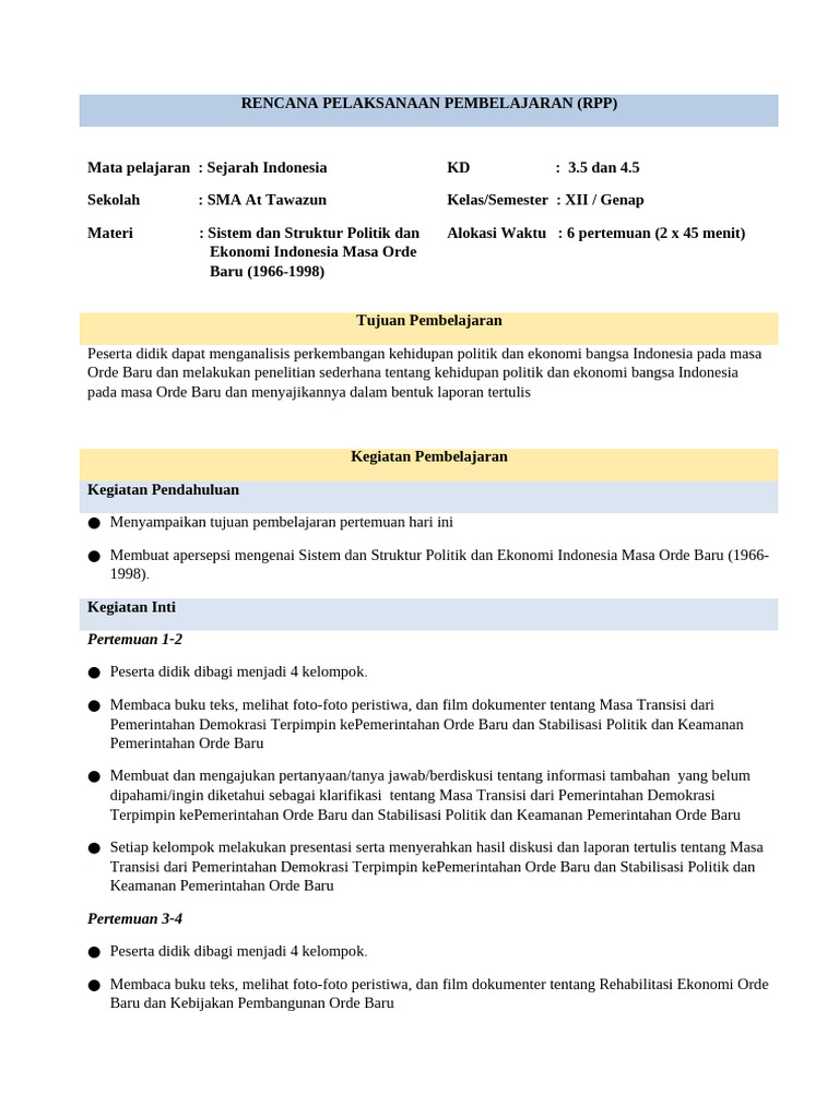 RPP Sistem Dan Struktur Politik Dan Ekonomi Indonesia Masa Orde Baru (1966-1998) | PDF