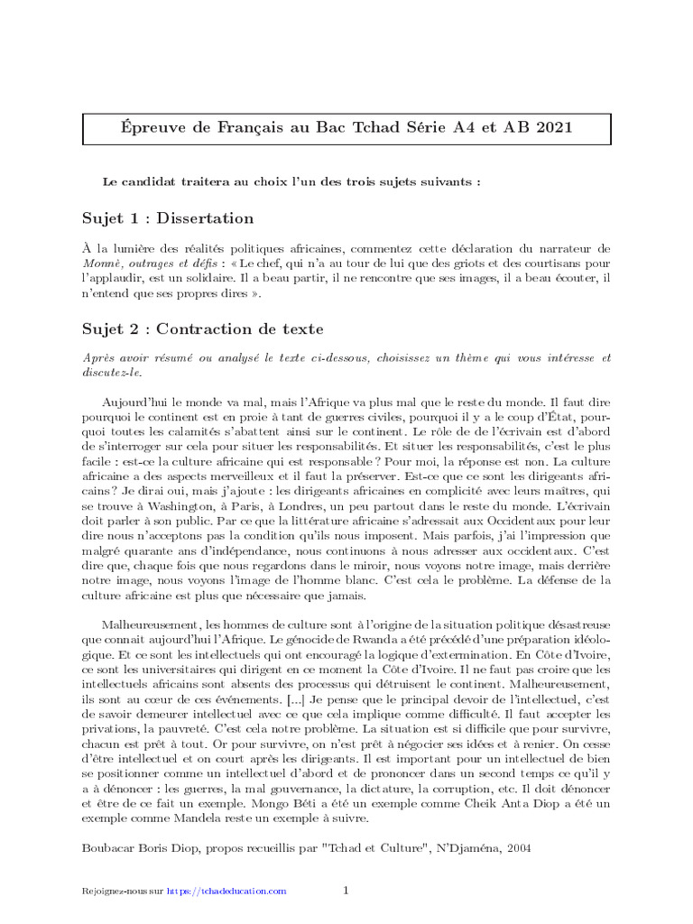 Sujet de Francais Bac A4 Et AB 2021 | PDF