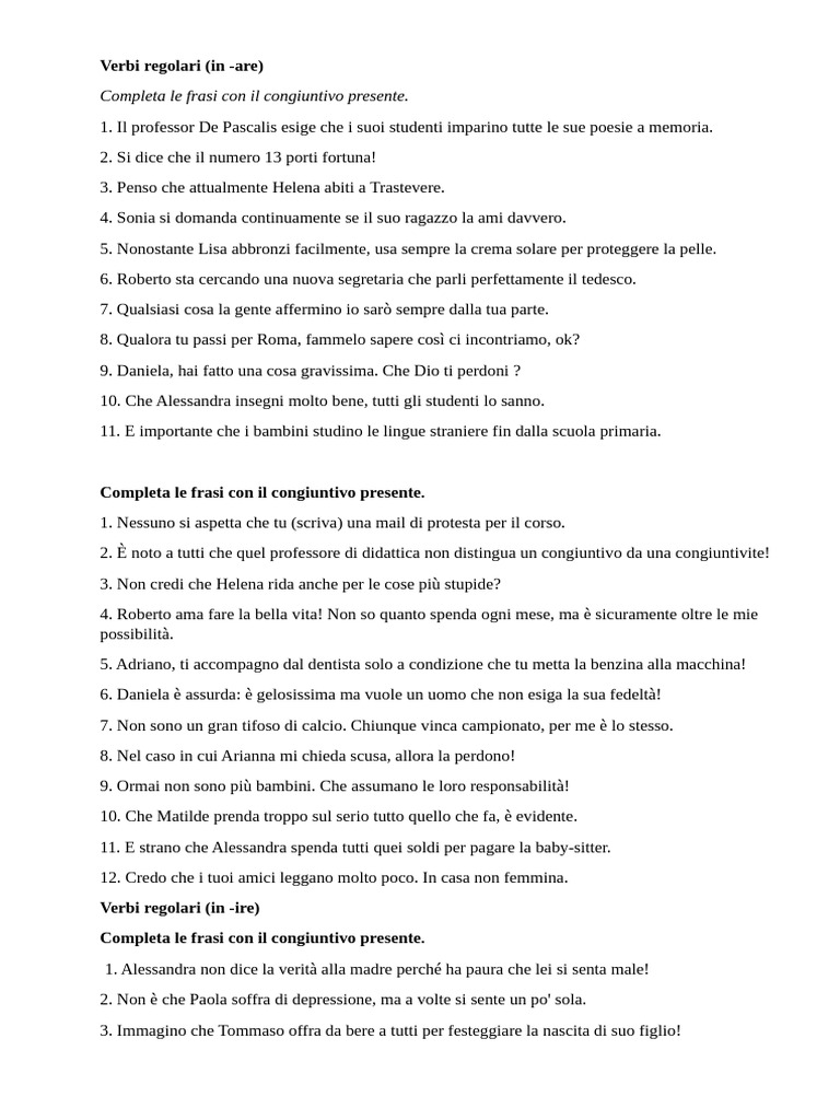 Completa Le Frasi Con Il Congiuntivo Presente.: Verbi Regolari (In ...