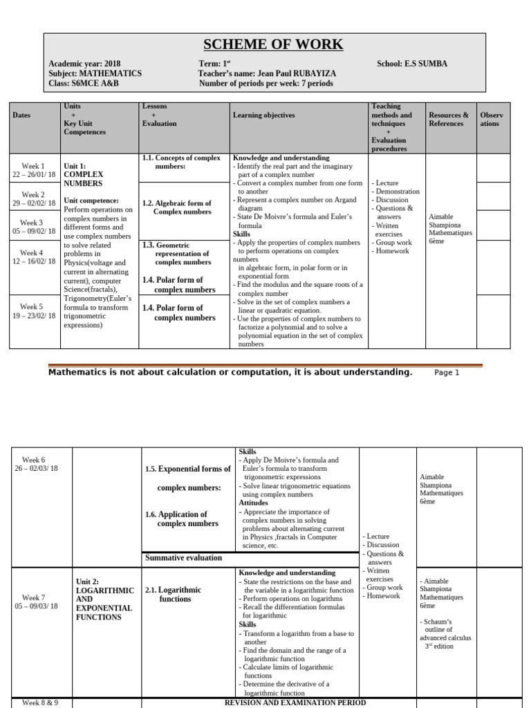 Scheme of Work Maths S6 1st Term2018 | PDF
