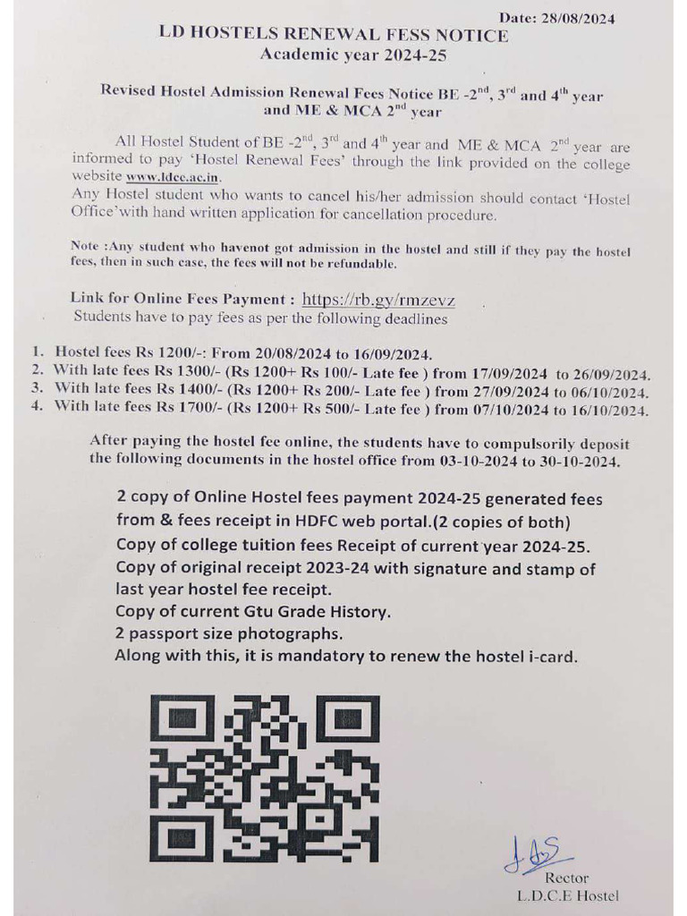 Revised Hostel Renewal Fees Notice-2024-25 | PDF