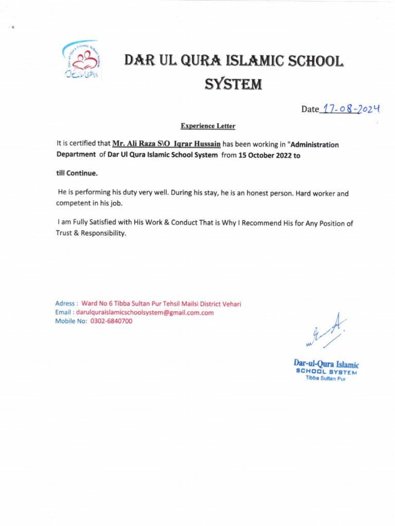 Experience letter Ali Raza | PDF