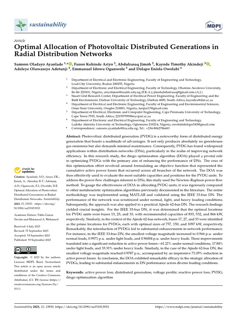Optimal Allocation Of Photovoltaic Distributed Generations In Pdf