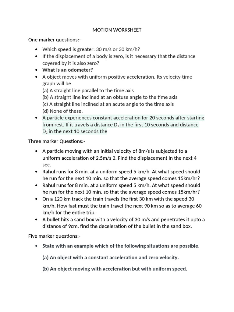 Motion Worksheet | PDF