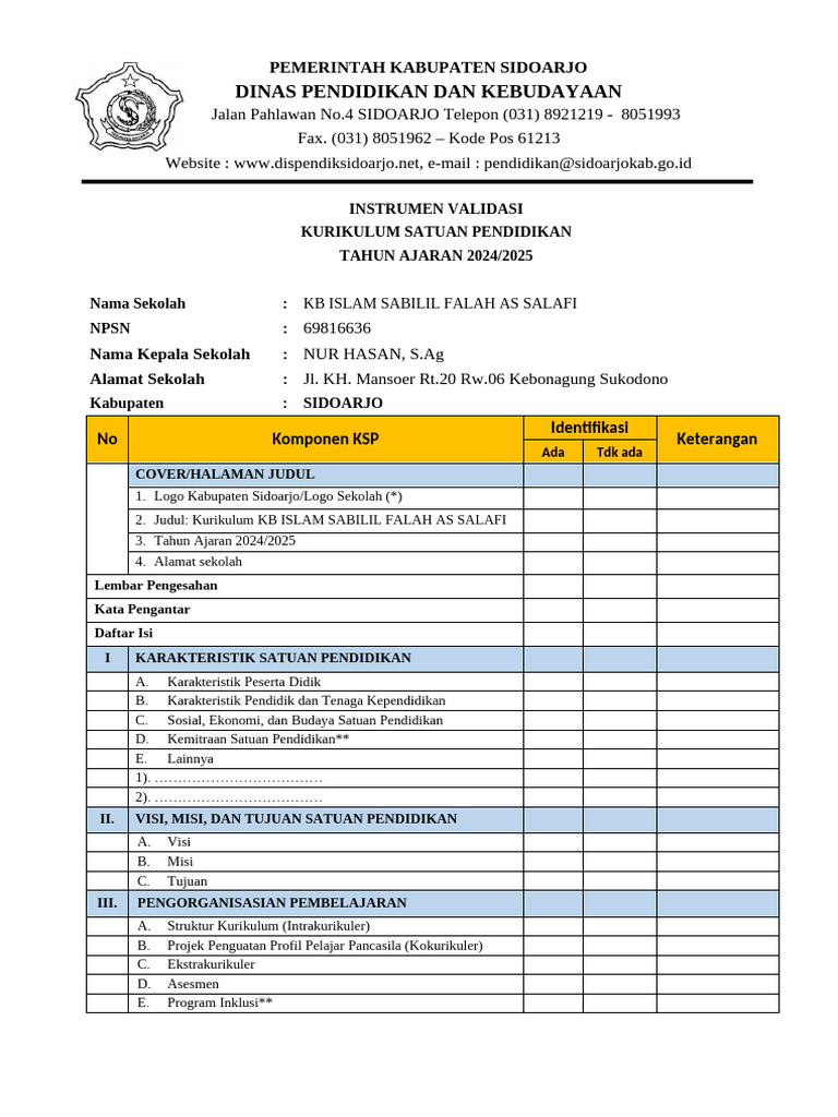 Instrumen Validasi KSP Safa Ta. 2024-2025 | PDF
