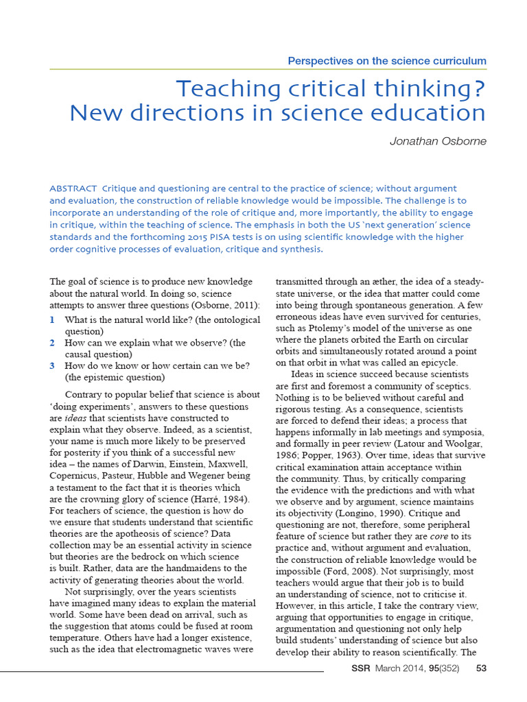 ASE Teaching Critical Thinking in Science Education | PDF