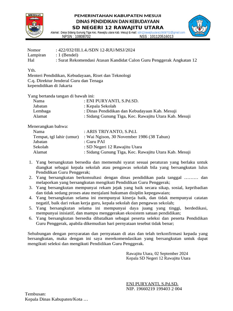 Surat Rekomendasi CGP 12 REGULER v3 | PDF